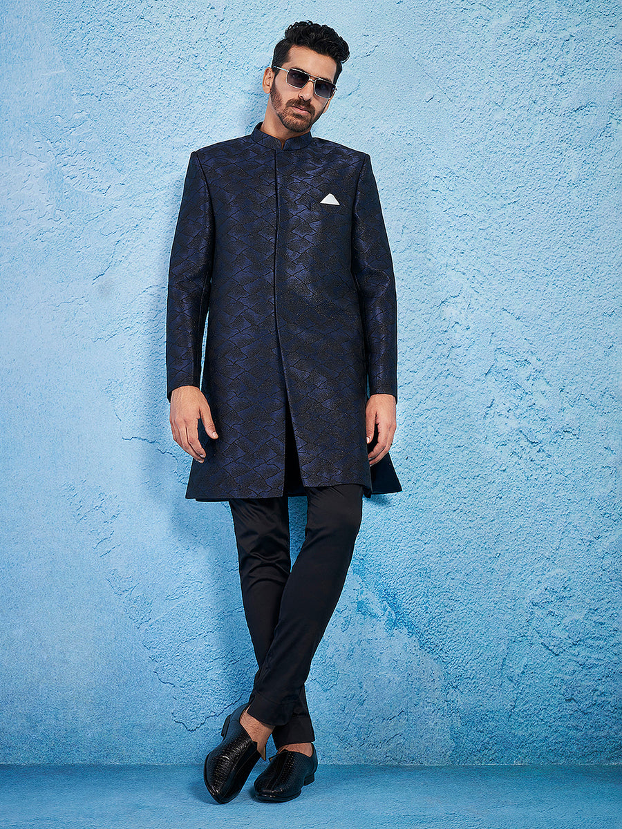 Men's Navy Blue Silk Blend Sherwani Set – vastramay