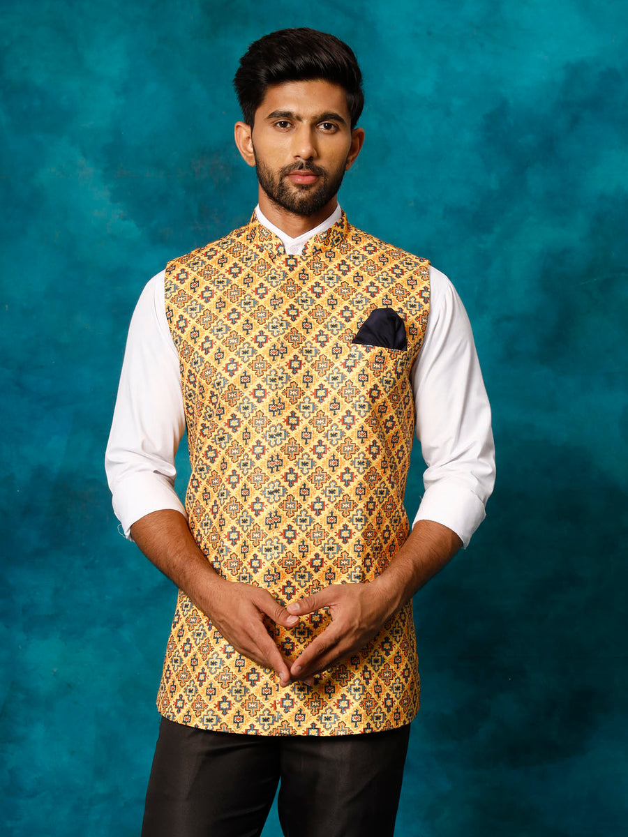 Yellow Geometric Print Embellished Nehru Jacket – vastramay