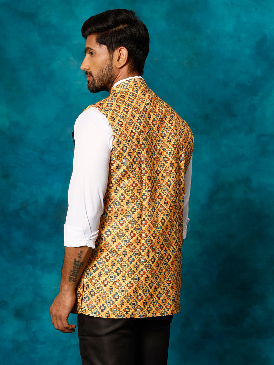 Yellow Geometric Print Embellished Nehru Jacket – vastramay