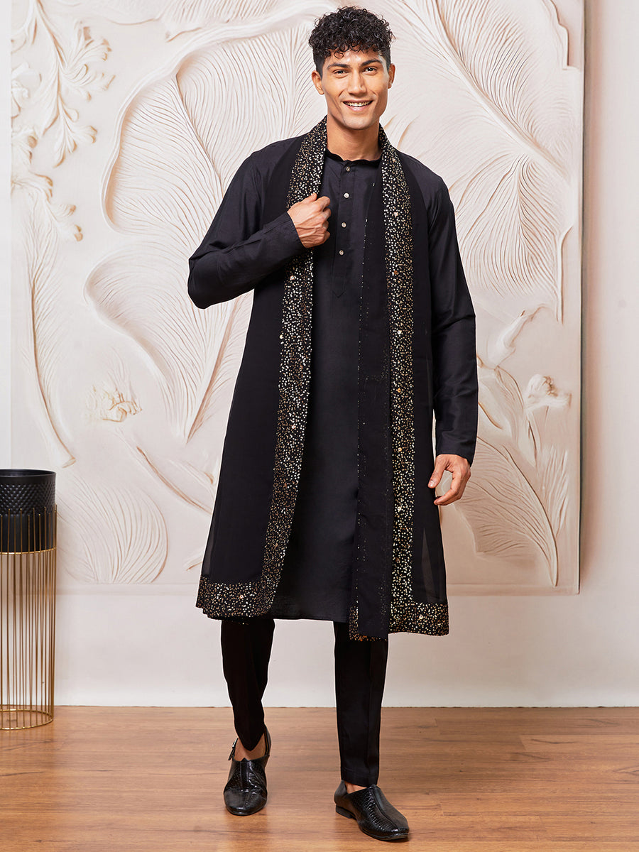 Men's Viscose Kurta Pyjama & Dupatta Set in Black | VASTRAMAY – vastramay