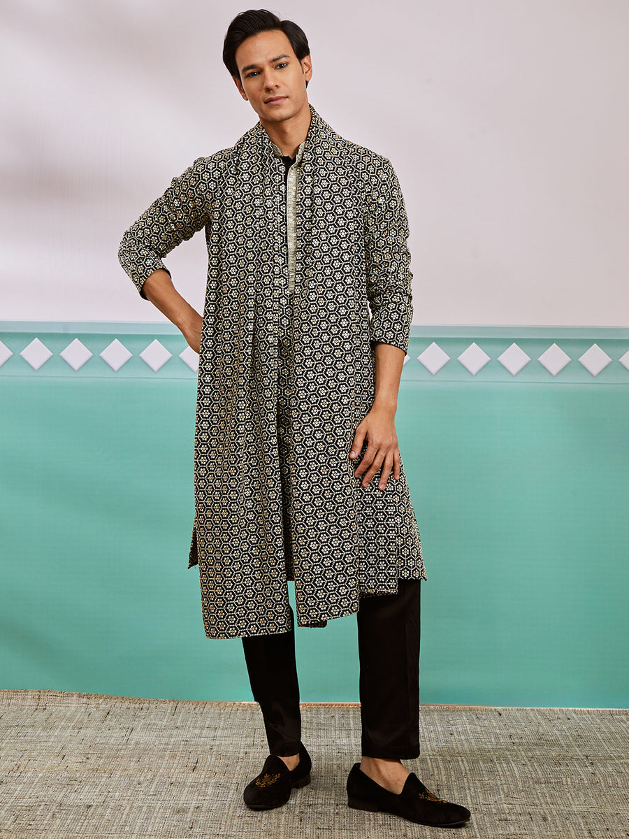 Men's Black Rayon Kurta, Pyjama And Dupatta Set. – vastramay