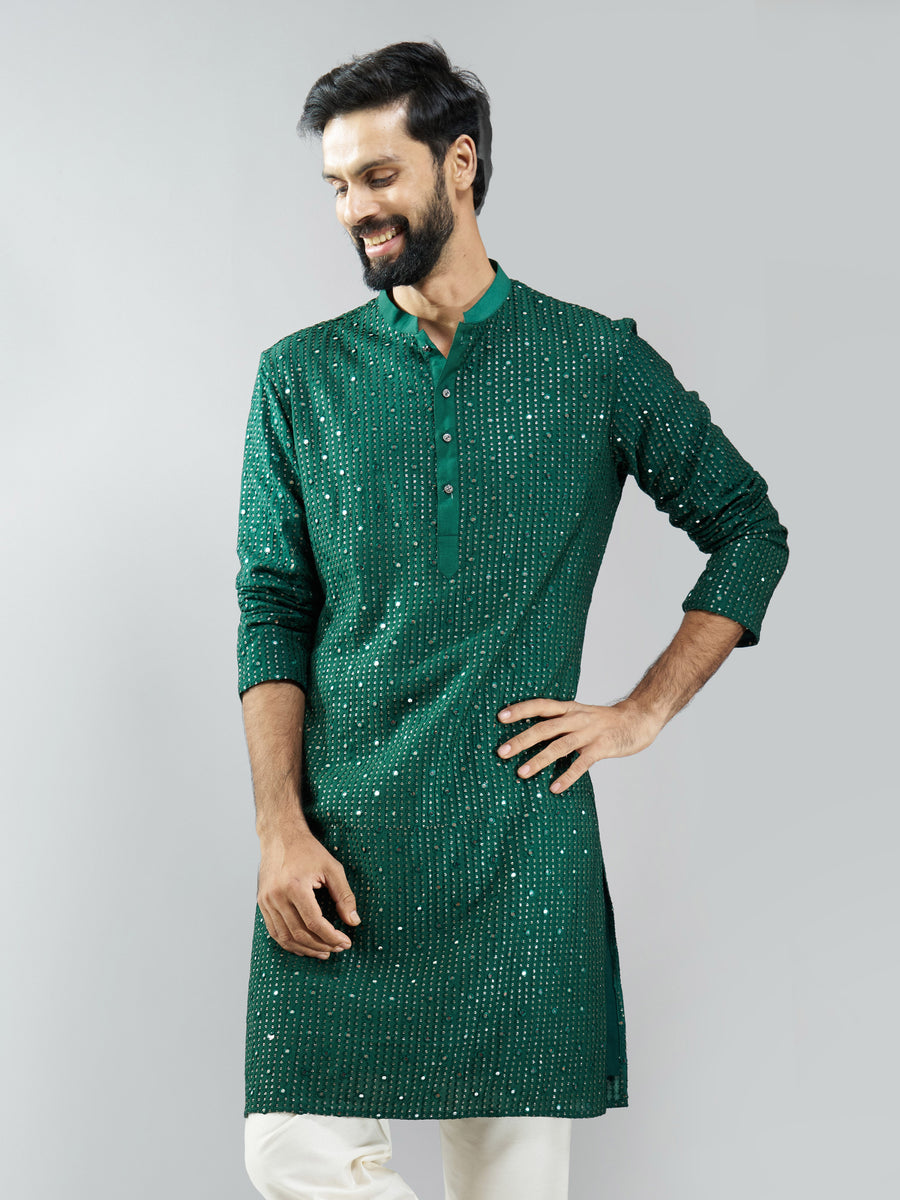 Men's Bottle Green Mirror Work Kurta | VASTRAMAY – vastramay
