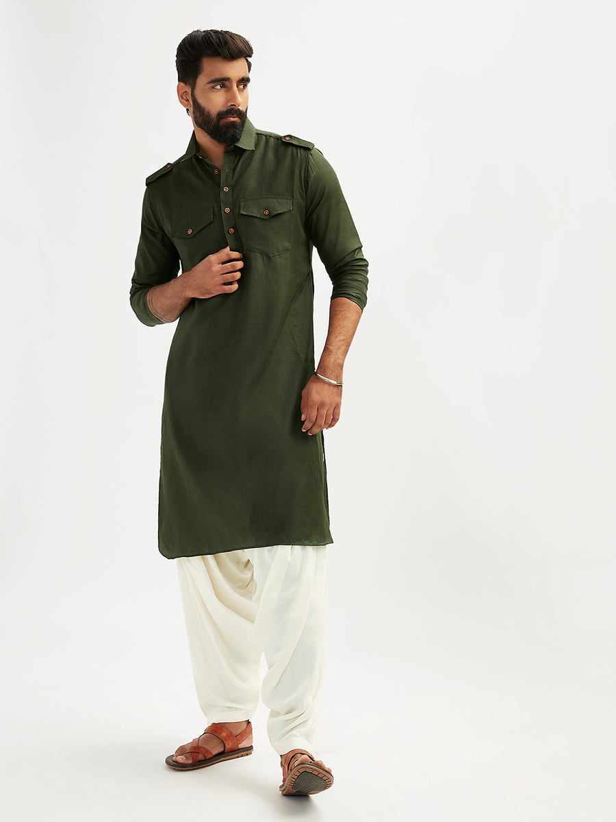 Men's Pathani Kurta Cotton in Mehendi Green & Cream | VASTRAMAY – vastramay