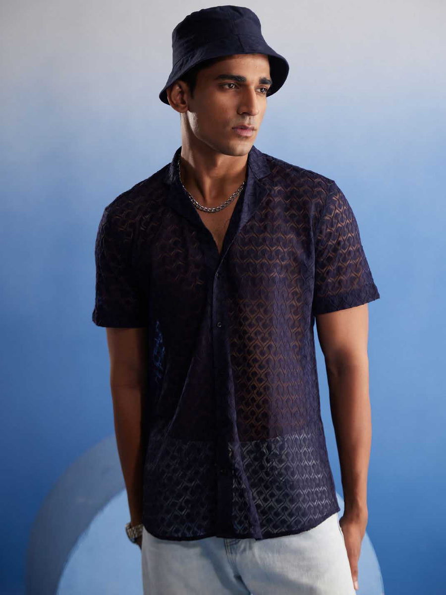 Men's Blue Georgette Self Design Shirt – vastramay