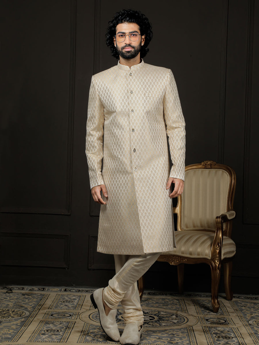 Men's Cream And Gold Silk Blend Sherwani Set – vastramay