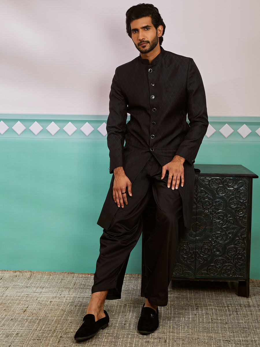 Men's Black Silk Blend Sherwani And Patiala Set – vastramay