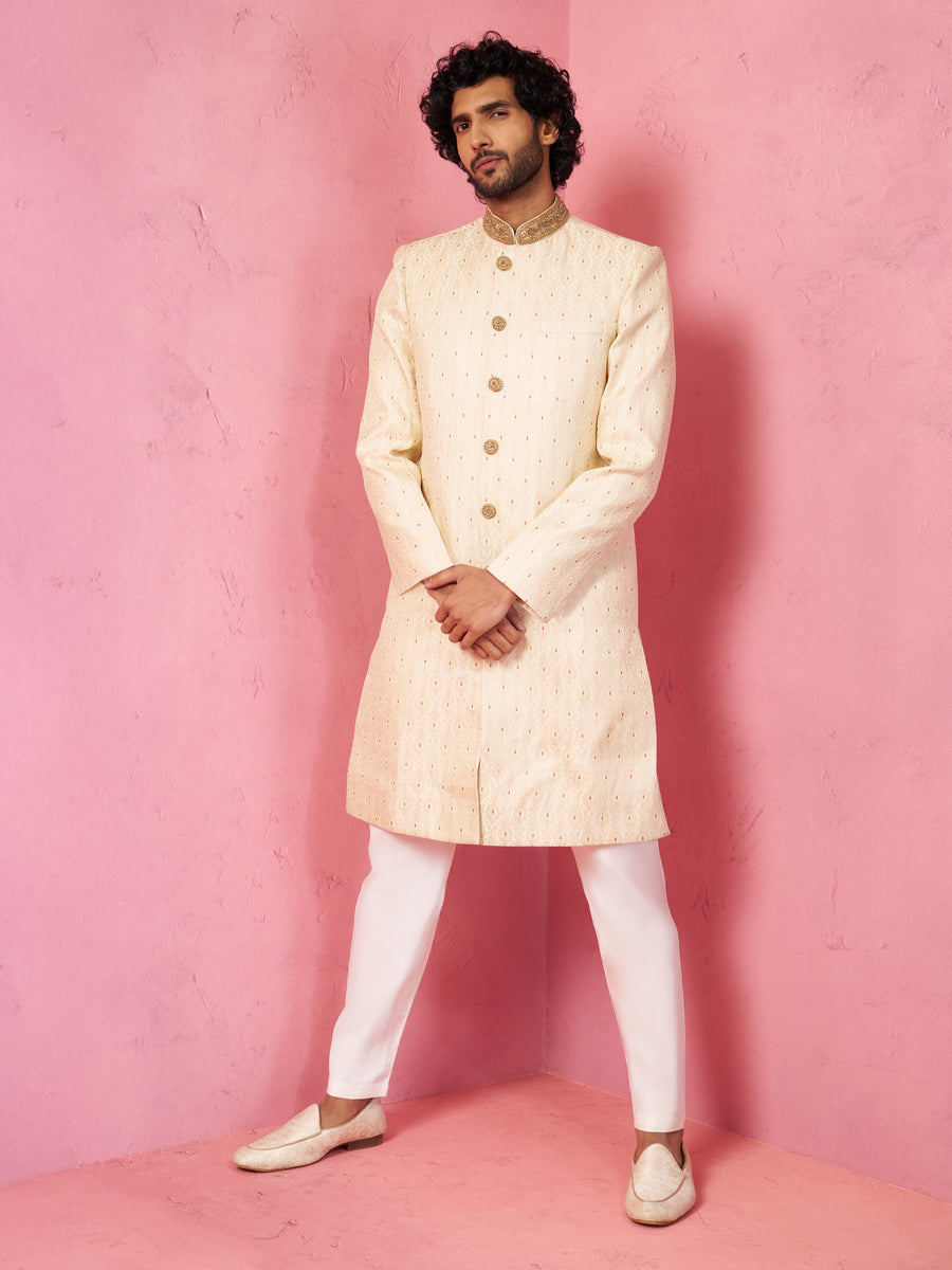 Men's Cream Silk Sherwani Set | VASTRAMAY – vastramay