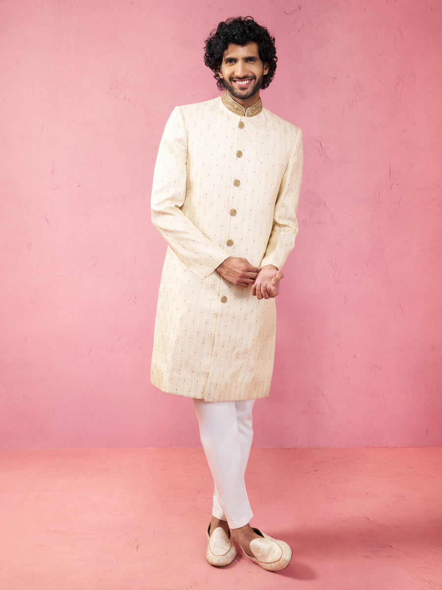 Men's Cream Silk Sherwani Set | VASTRAMAY – vastramay