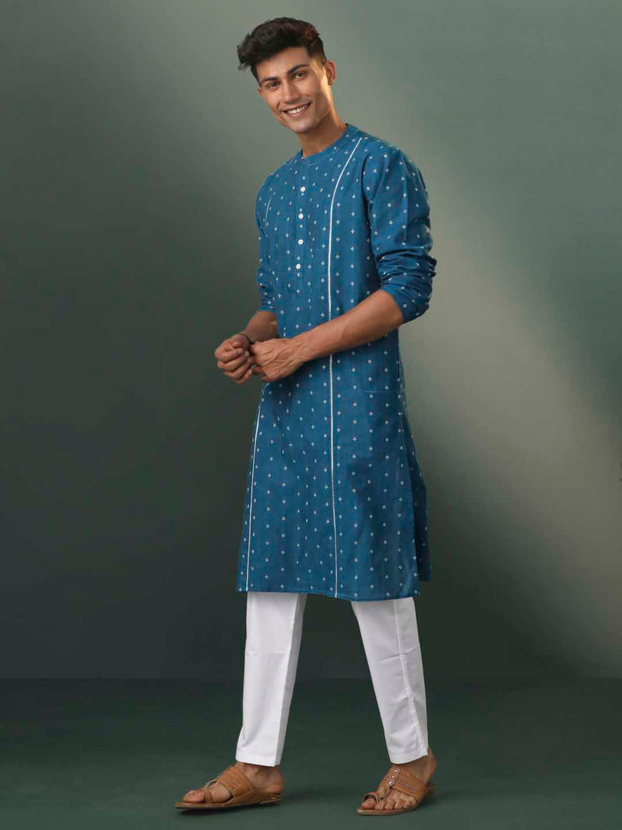 VASTRAMAY Men's Turquoise Blue Jacquard Cotton Kurta Pyjama Set – vastramay