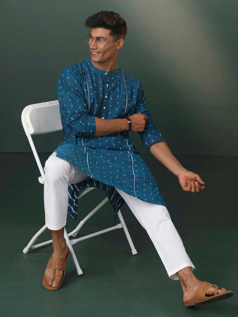 VASTRAMAY Men's Turquoise Blue Jacquard Cotton Kurta Pyjama Set – vastramay