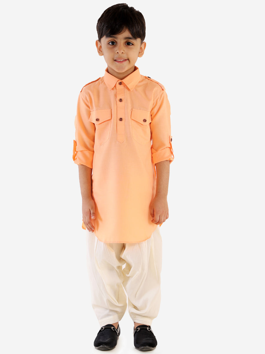 VASTRAMAY Boys Peach Cotton Blend Pathani Suit Set – vastramay