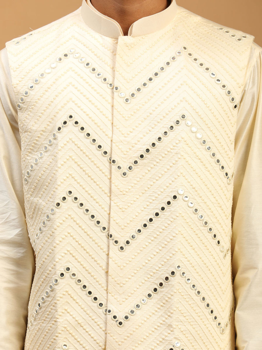 Men's Cream Mirror Jacket With Kurta Pant Set – vastramay